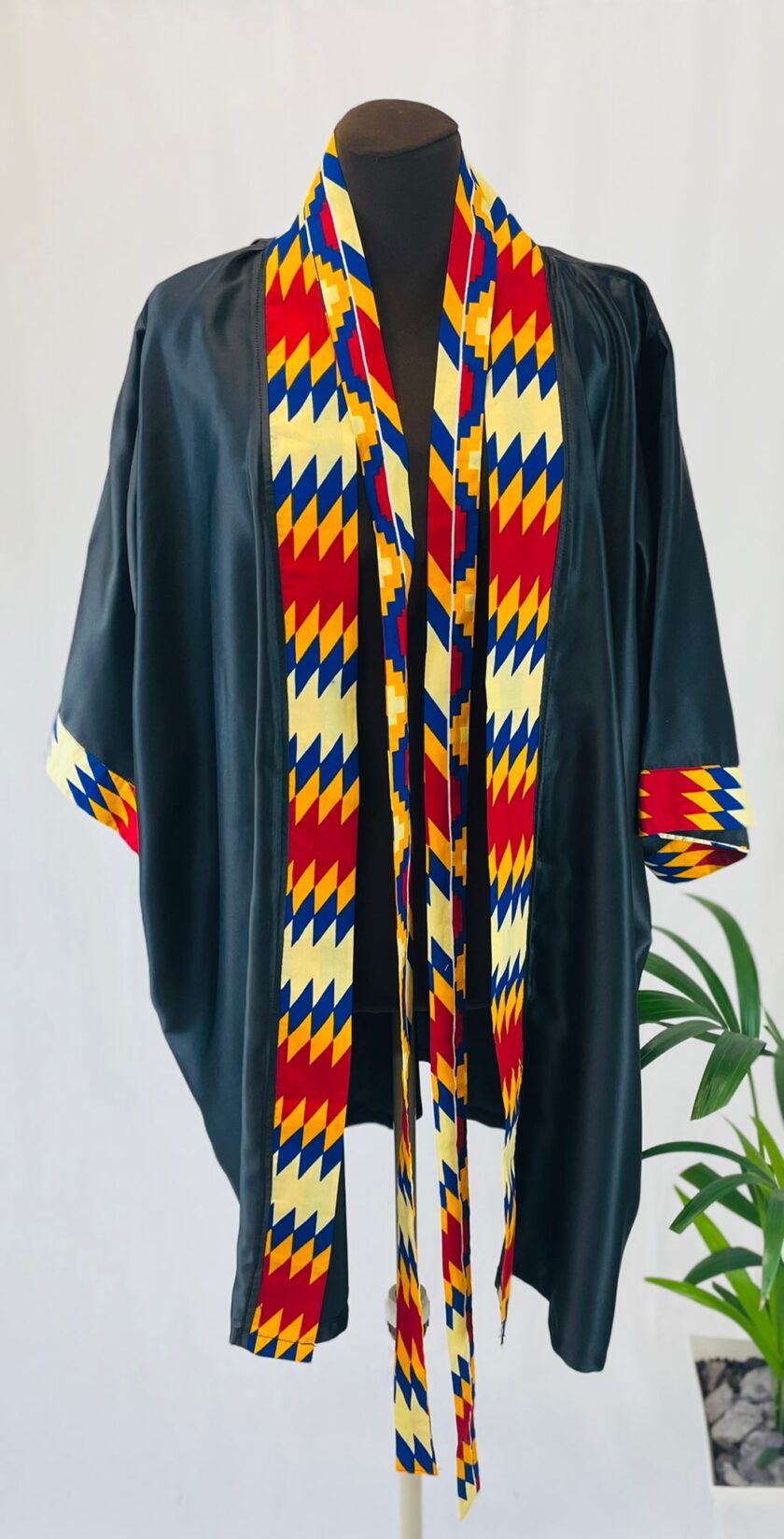 Black And African Kente Print Satin Kimono Robe African Clothing Store